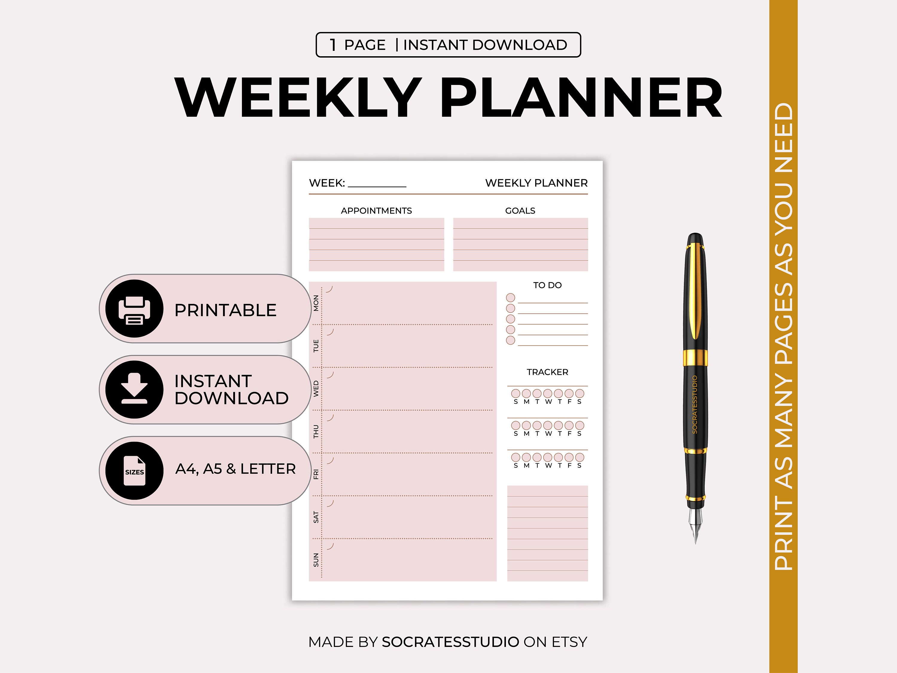 Weekly Planner Printable, Minimalist Weekly Schedule, Week at a Glance ...