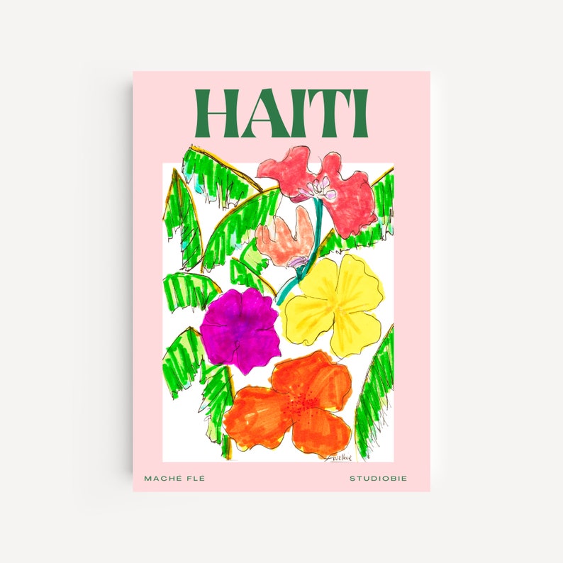 Flower Market Haiti Poster in Creole, Tropical Floral Wall Art ...