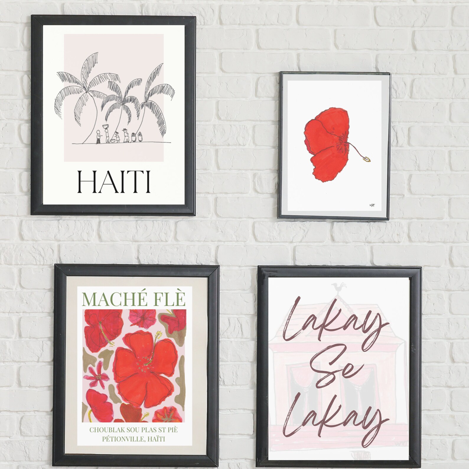Coastal Boho Gallery Wall Set of 4 Haitian Creole and Flowers and ...