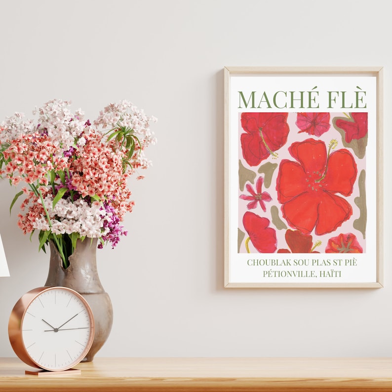 Tropical Red Flower Market Poster Art in Haitian Creole, Hibiscus ...