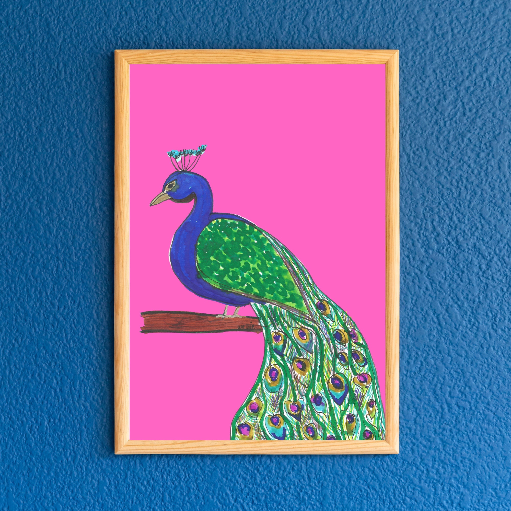 Printable Pop Pink Peacock Art Print Caribbean Fowl Wall Art For Instant Download Colorful