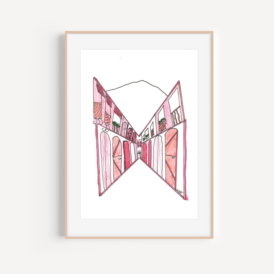 Caribbean Town Art Print, Pink Haiti Village, Minimalist Line Drawing ...
