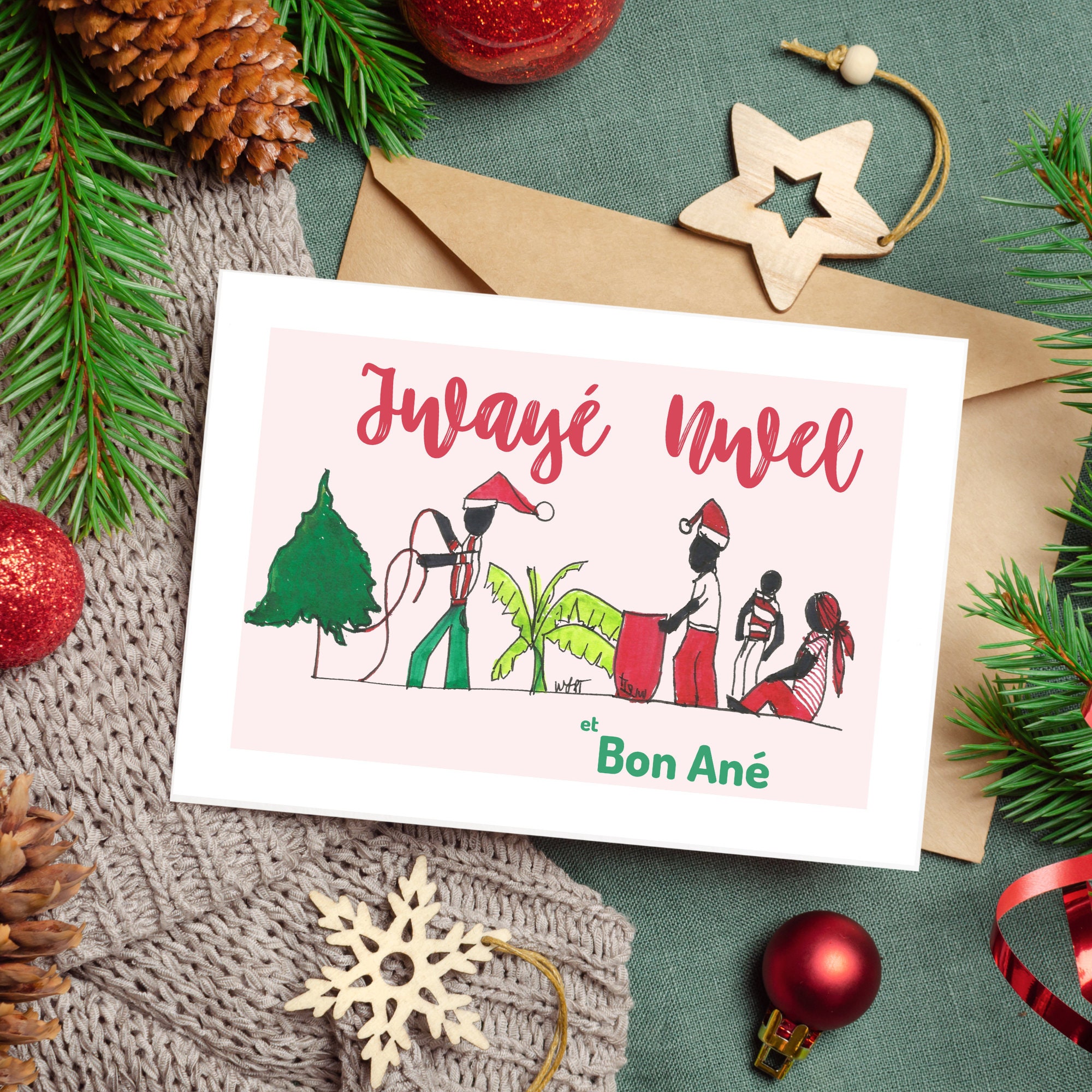 Printable Haitian Creole Christmas Greeting Card, Hand Drawn Tropical ...