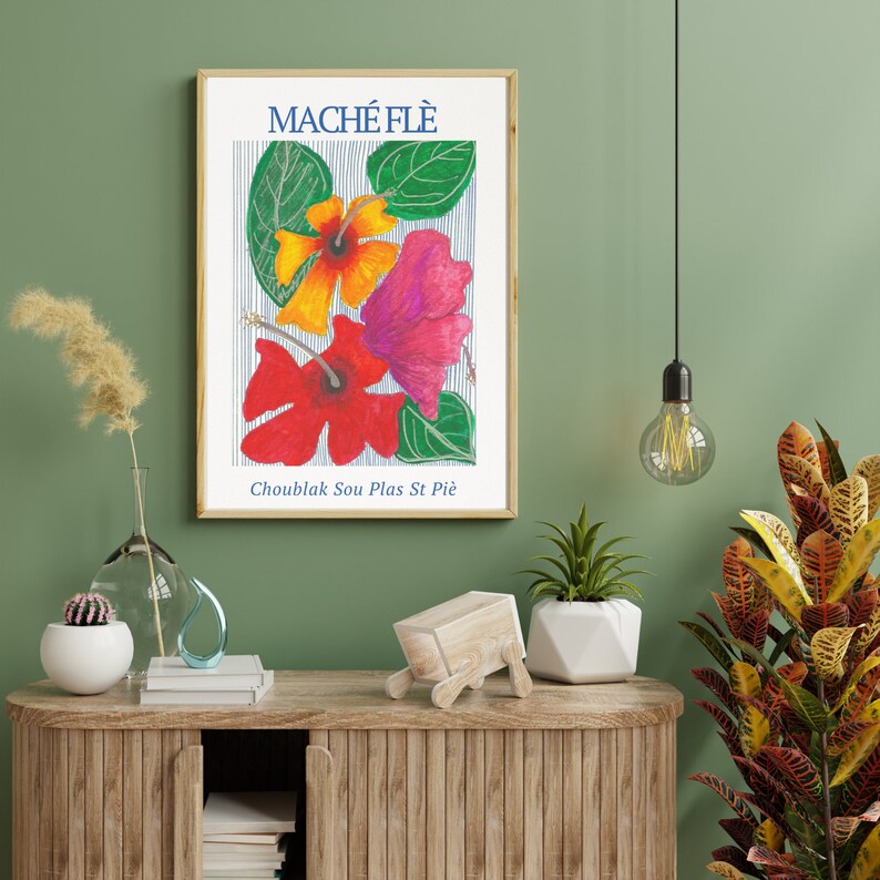 Tropical Flower Market Poster Art in Haitian Creole, Caribbean Hibiscus ...