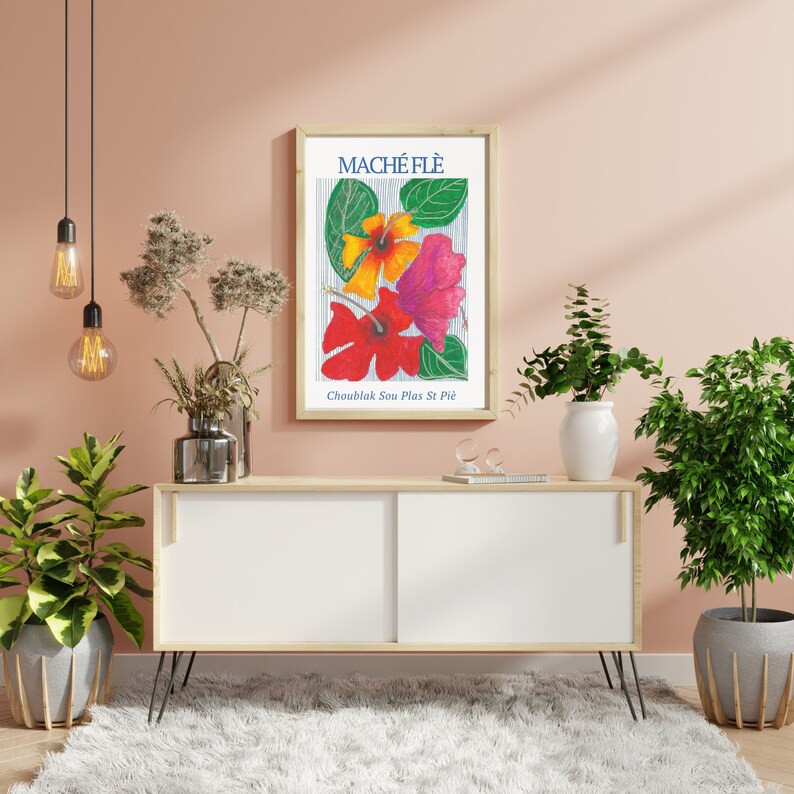 Tropical Flower Market Poster Art in Haitian Creole, Caribbean Hibiscus ...
