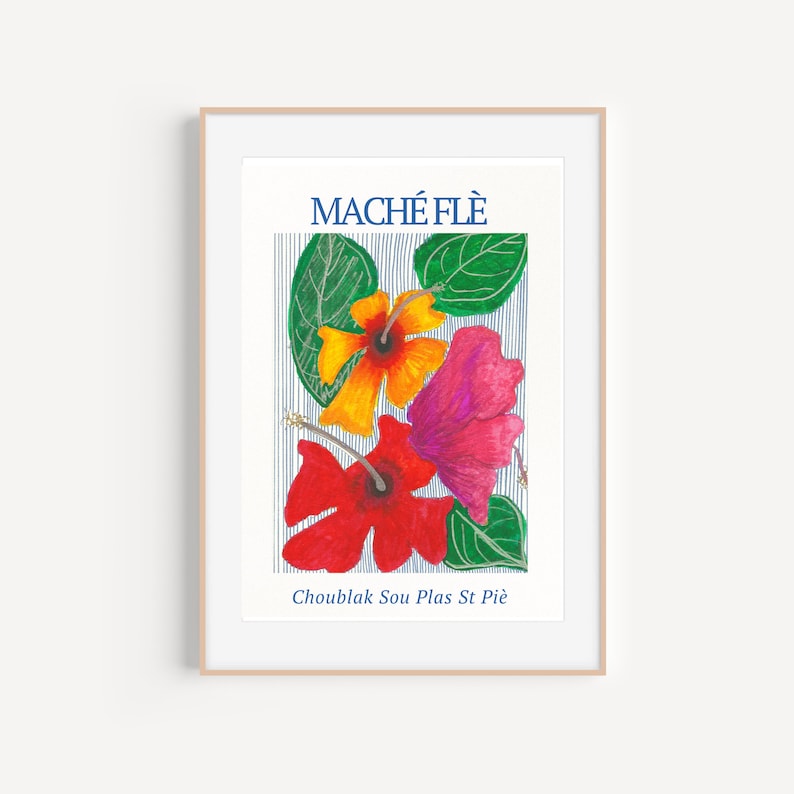 Tropical Flower Market Poster Art in Haitian Creole, Caribbean Hibiscus ...