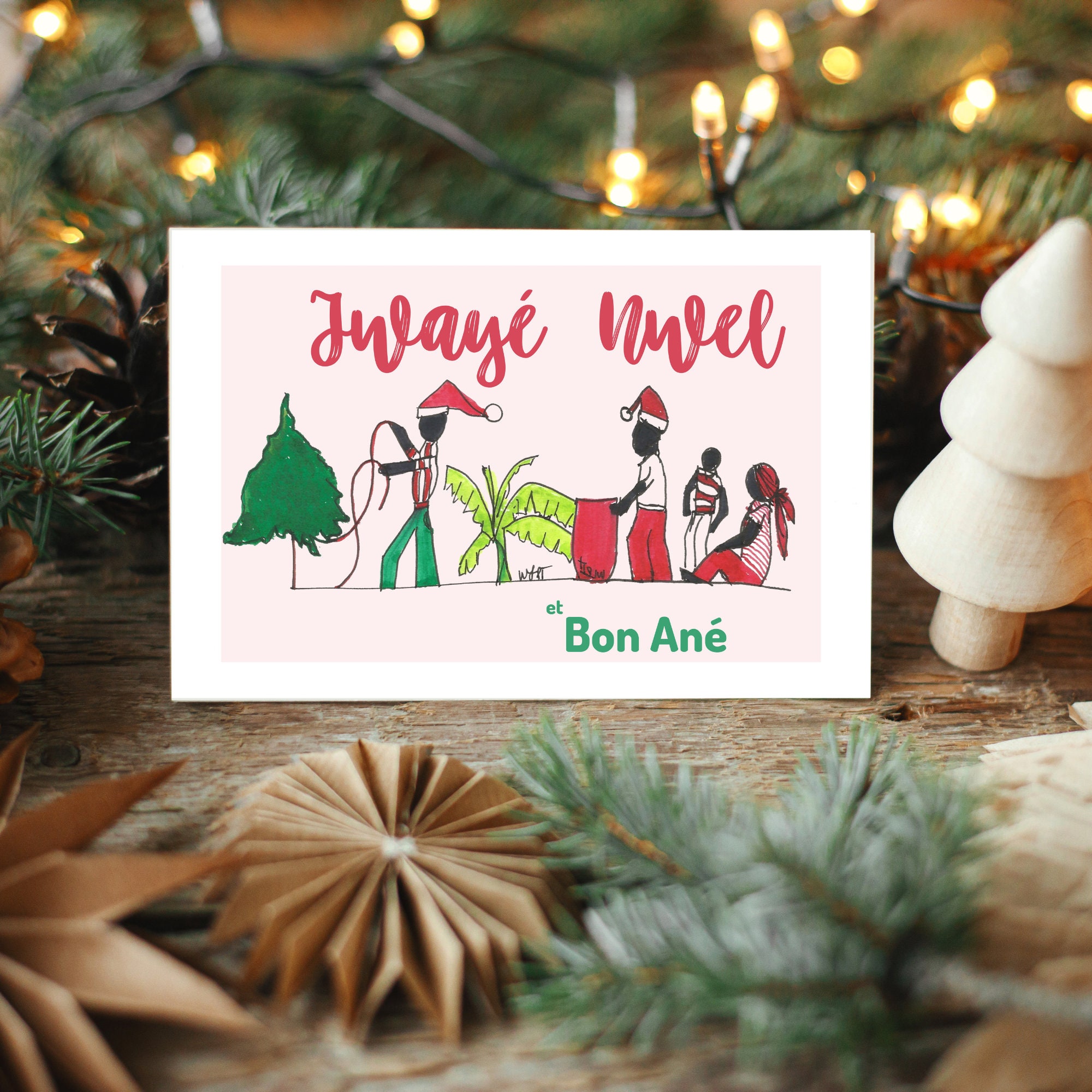 Printable Haitian Creole Christmas Greeting Card, Hand Drawn Tropical ...