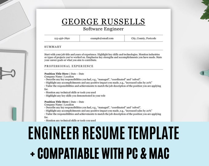 Engineer Resume Template Word, CV Template + Cover Letter | Software ...