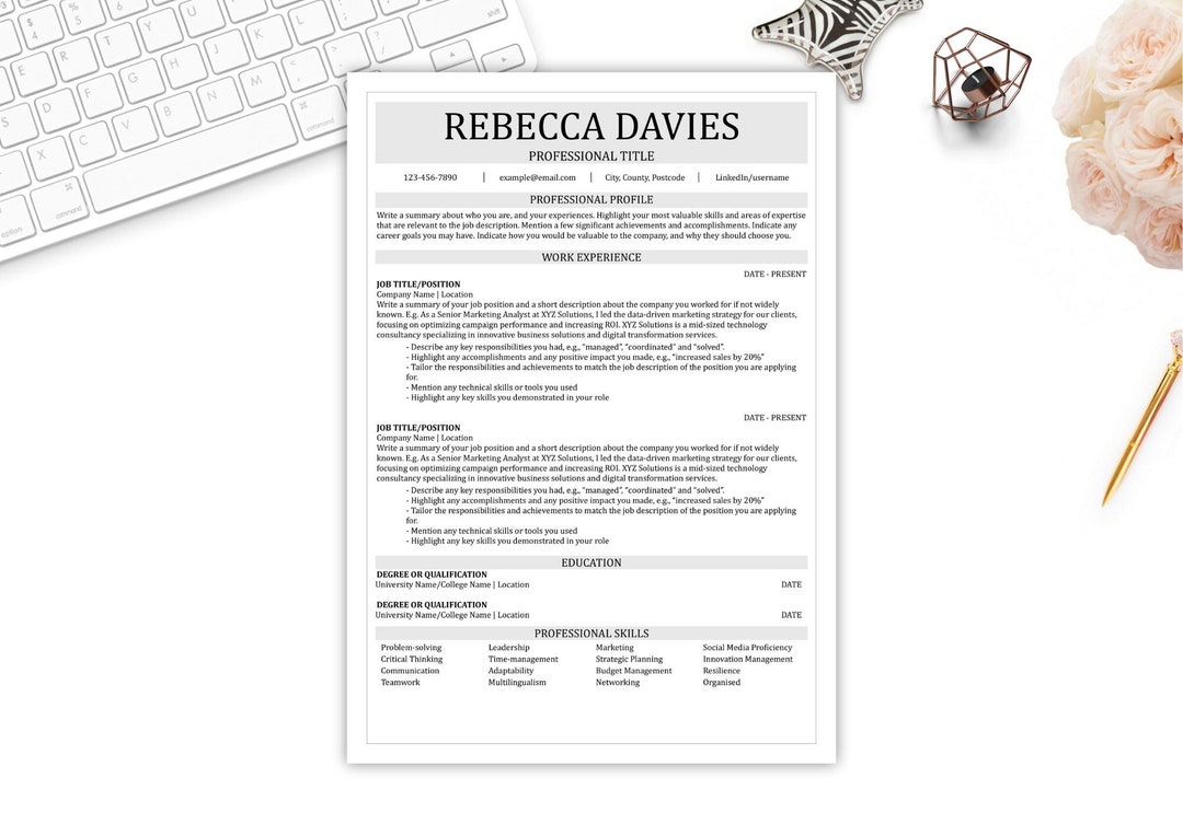 Resume Template for Word and Apple Pages, CV Template, Minimalist ...