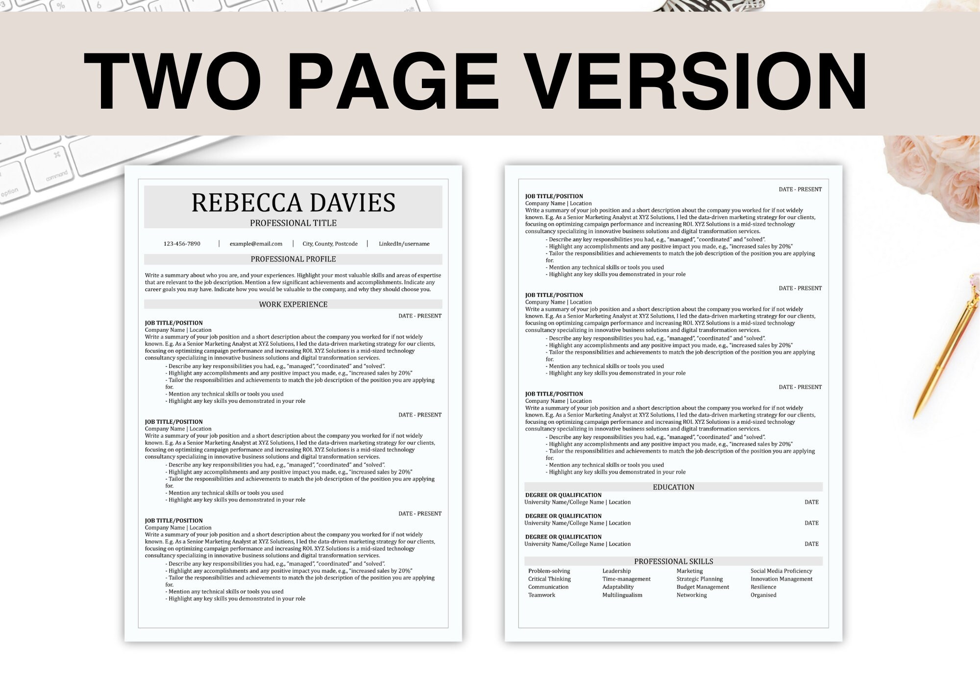 Resume Template for Word and Apple Pages, CV Template, Minimalist ...