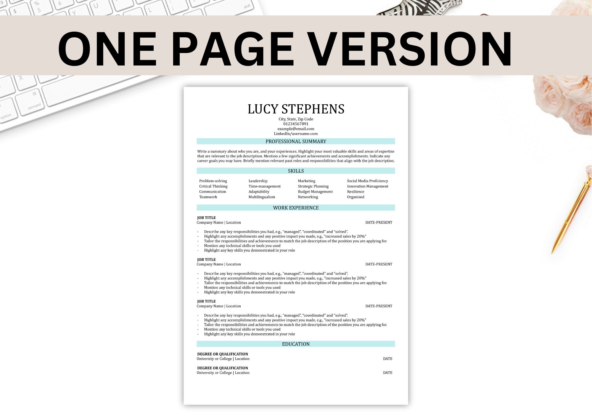 Simple Professional Clean Resume Template, CV Template, Minimalist ...