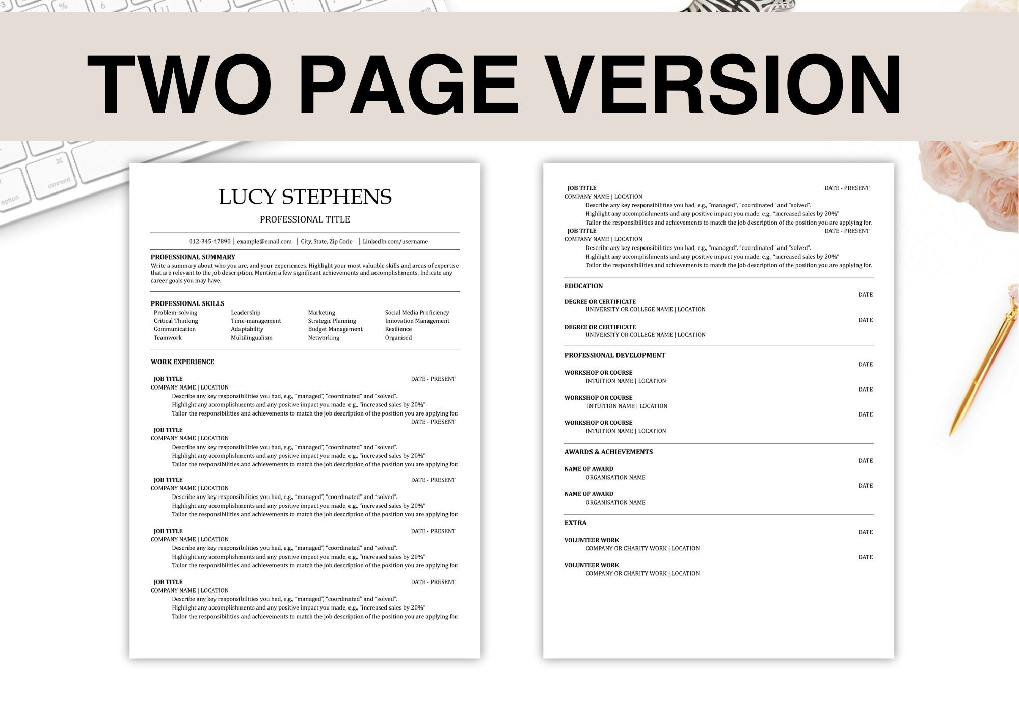 Simple Professional Minimalist Resume Template, CV Template, Resume ...