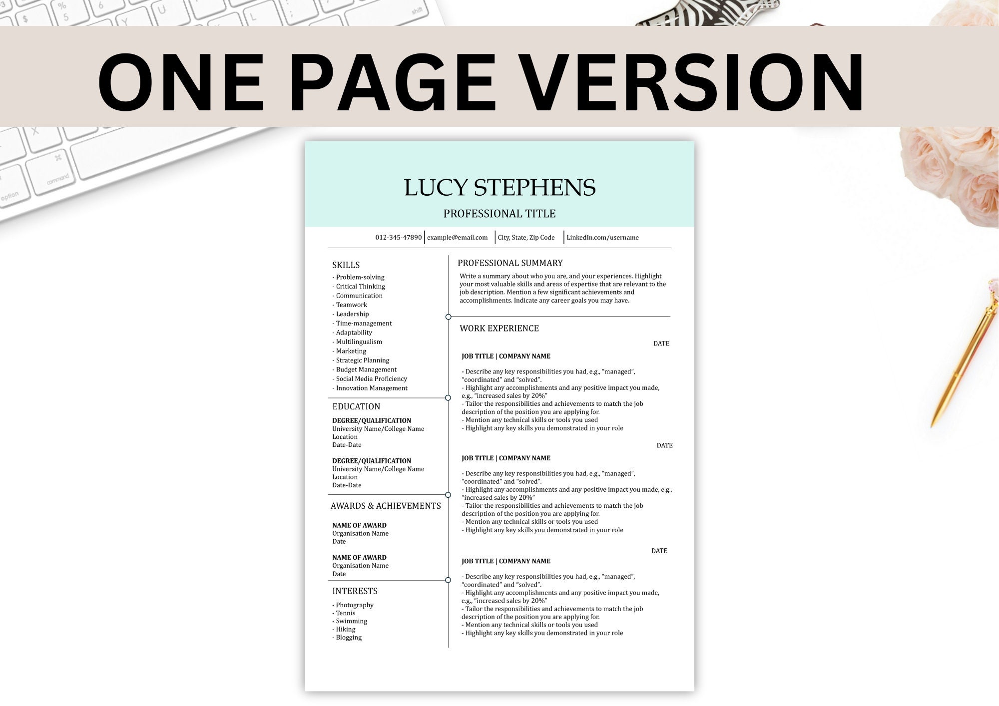 Minimalist Resume Template – Modern CV Design, Cover Letter (word ...