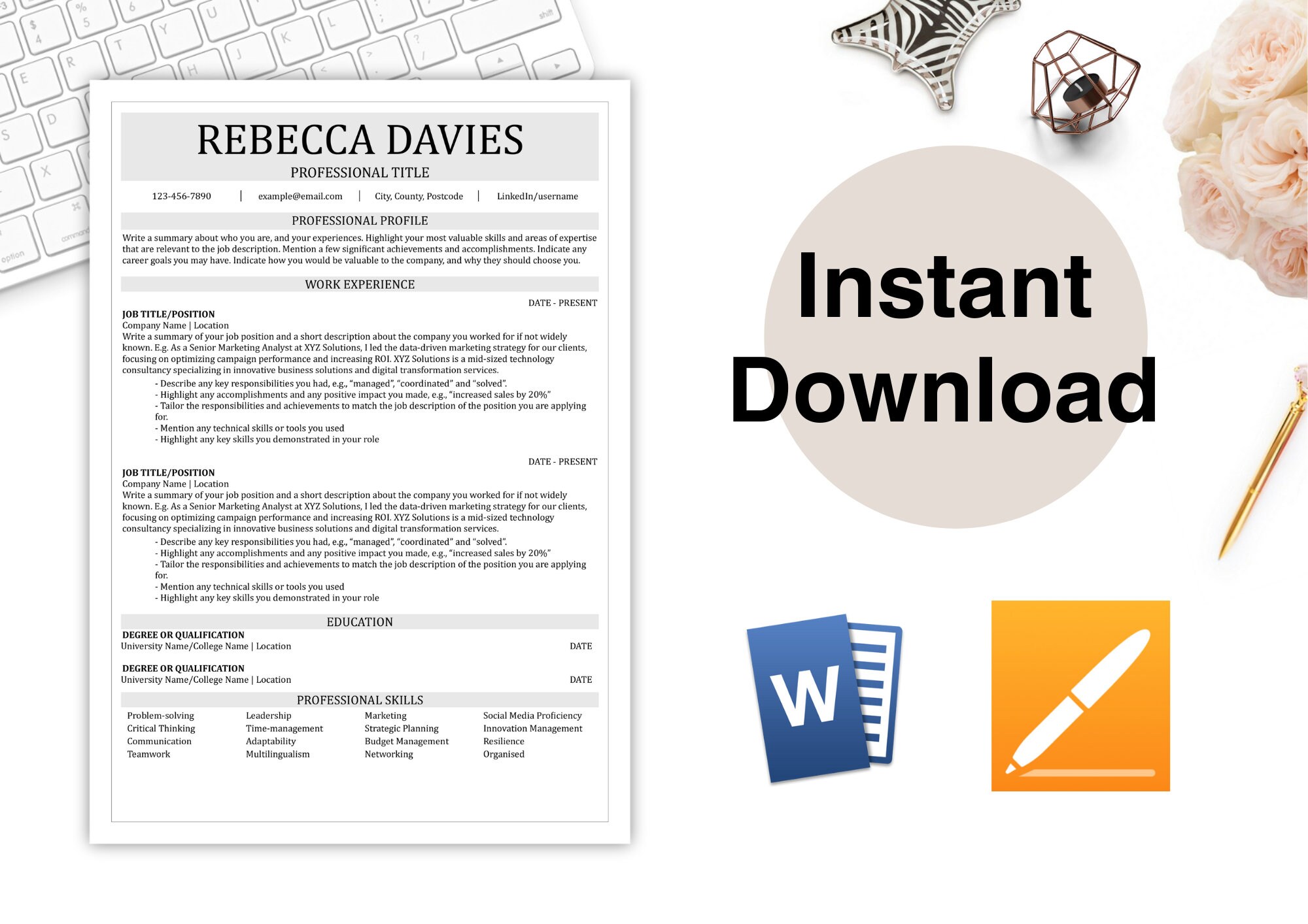Resume Template for Word and Apple Pages, CV Template, Minimalist ...