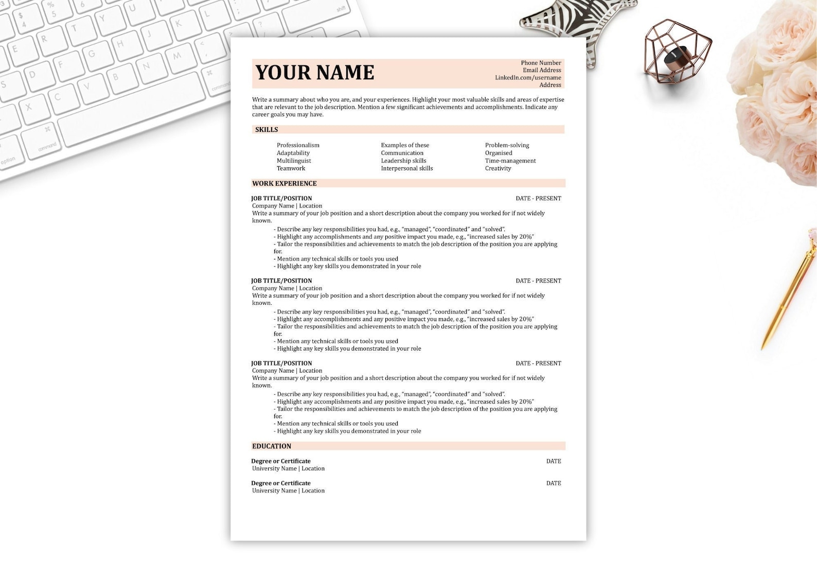 Minimalist Resume Template: Professional CV Design (microsoft Word ...