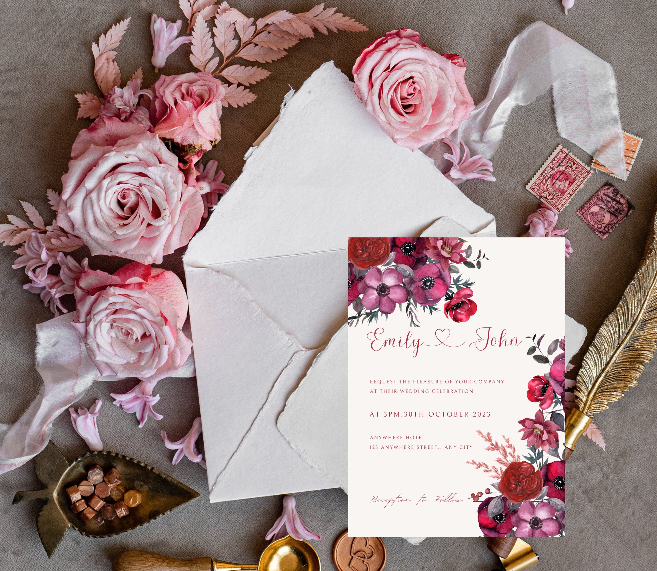 Romantic Wedding Invitation Template, Printable Wedding Invitation ...