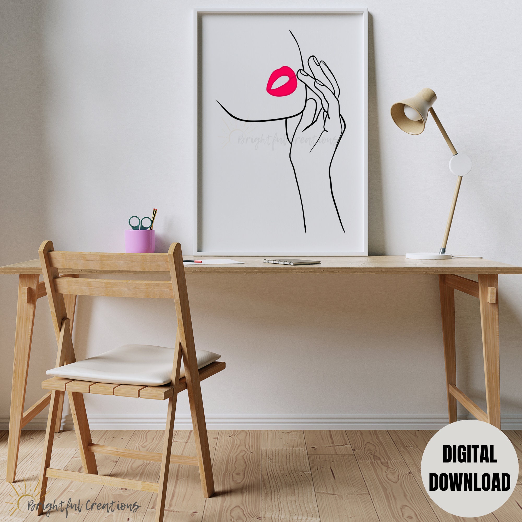 Woman Face Pink Lips Line Art Printable, Pink Lips Wall Art, Hand on ...