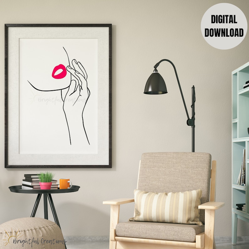 Woman Face Pink Lips Line Art Printable, Pink Lips Wall Art, Hand on ...