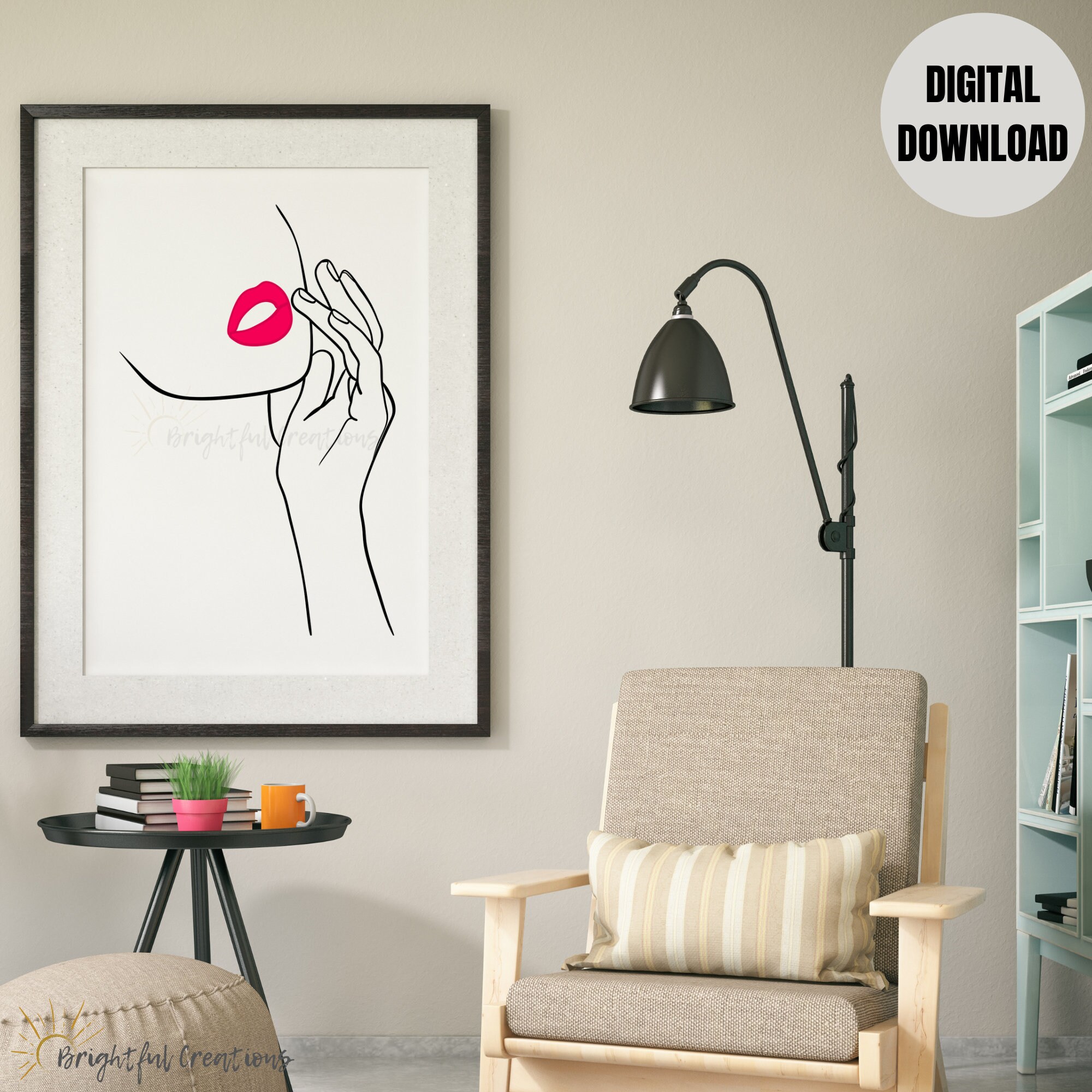 Woman Face Pink Lips Line Art Printable, Pink Lips Wall Art, Hand on ...