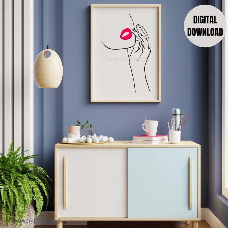 Woman Face Pink Lips Line Art Printable, Pink Lips Wall Art, Hand on ...