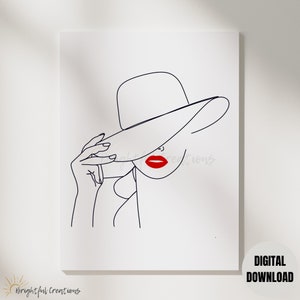 Woman in Hat One Line Art Printable, Female Face One Line Drawing ...