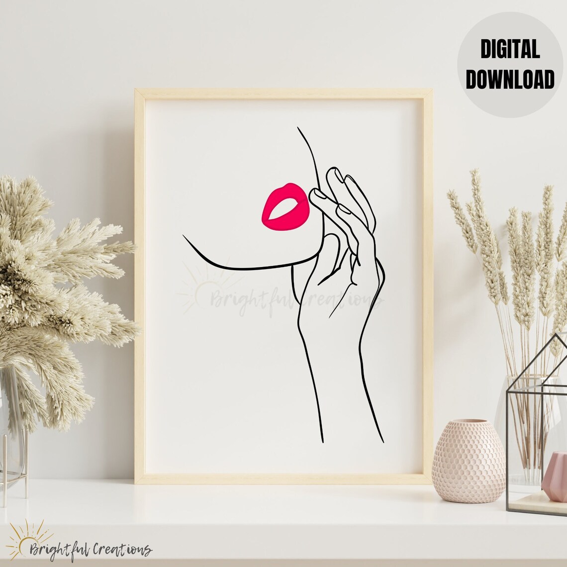 Woman Face Pink Lips Line Art Printable, Pink Lips Wall Art, Hand on ...