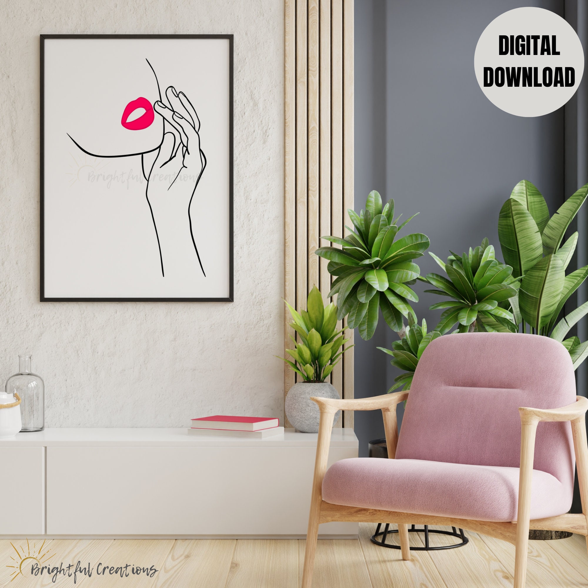 Woman Face Pink Lips Line Art Printable, Pink Lips Wall Art, Hand on ...