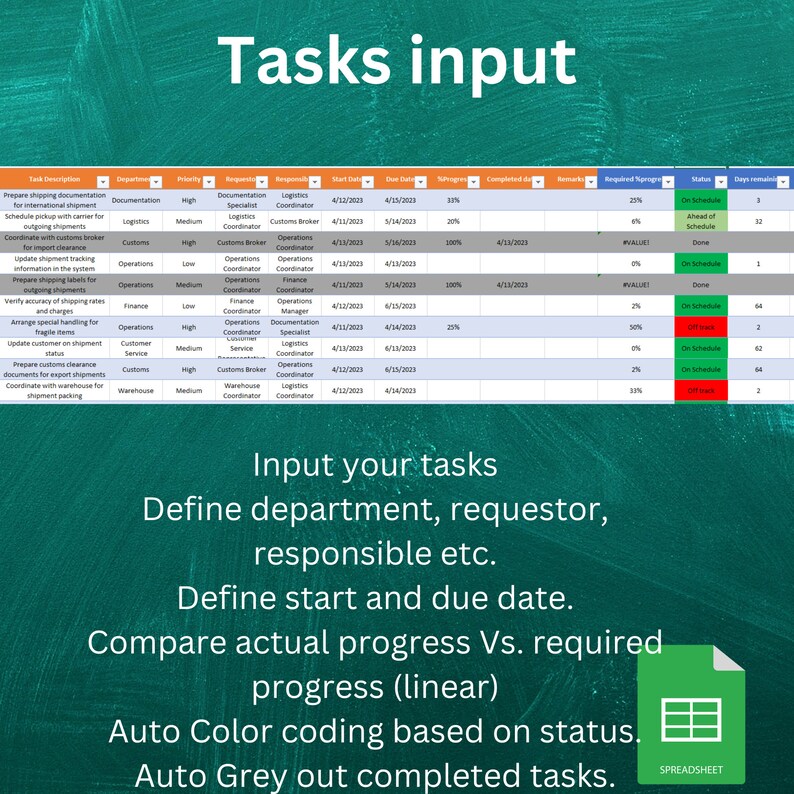 Tasks Management Excel & Google Sheets Template - Etsy