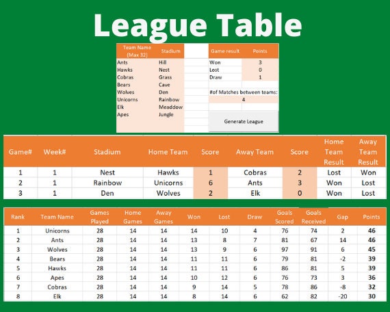 League Table Creator in Excel - Etsy