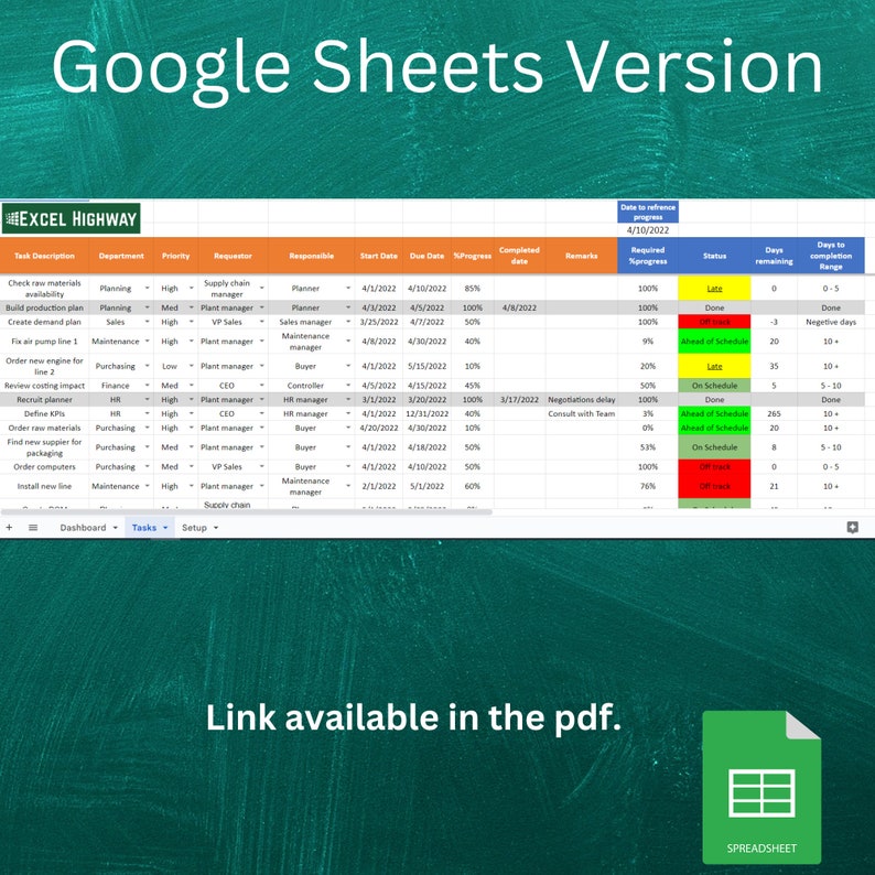 Tasks Management Excel & Google Sheets Template - Etsy