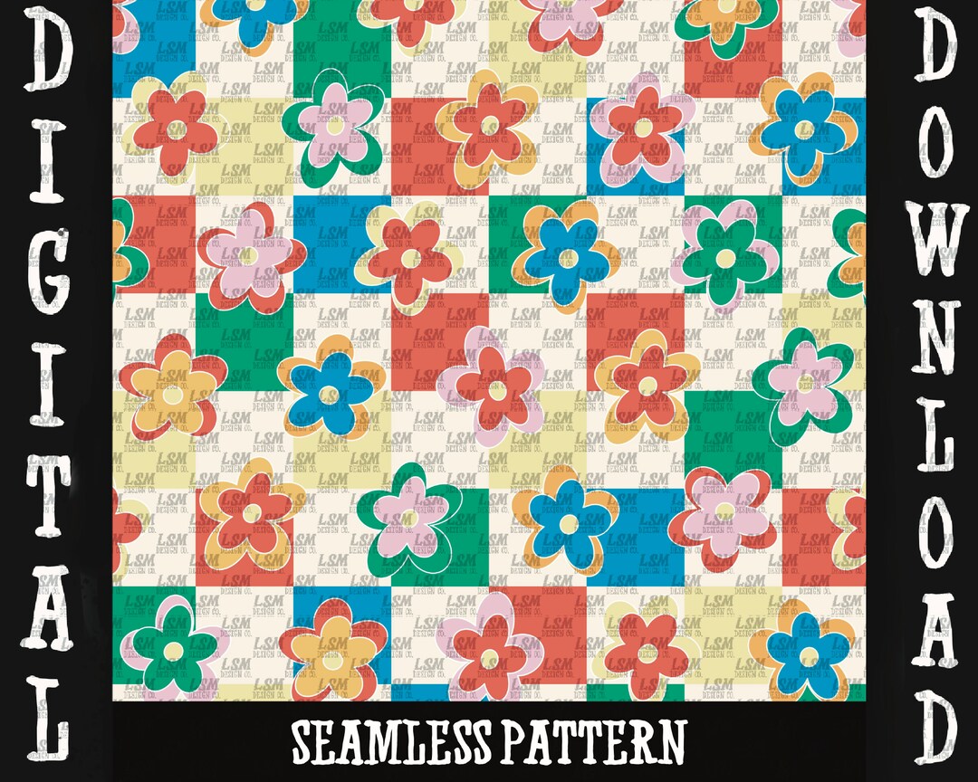 Seamless Pattern Digital Download PNG File Retro Floral Checkerboard ...