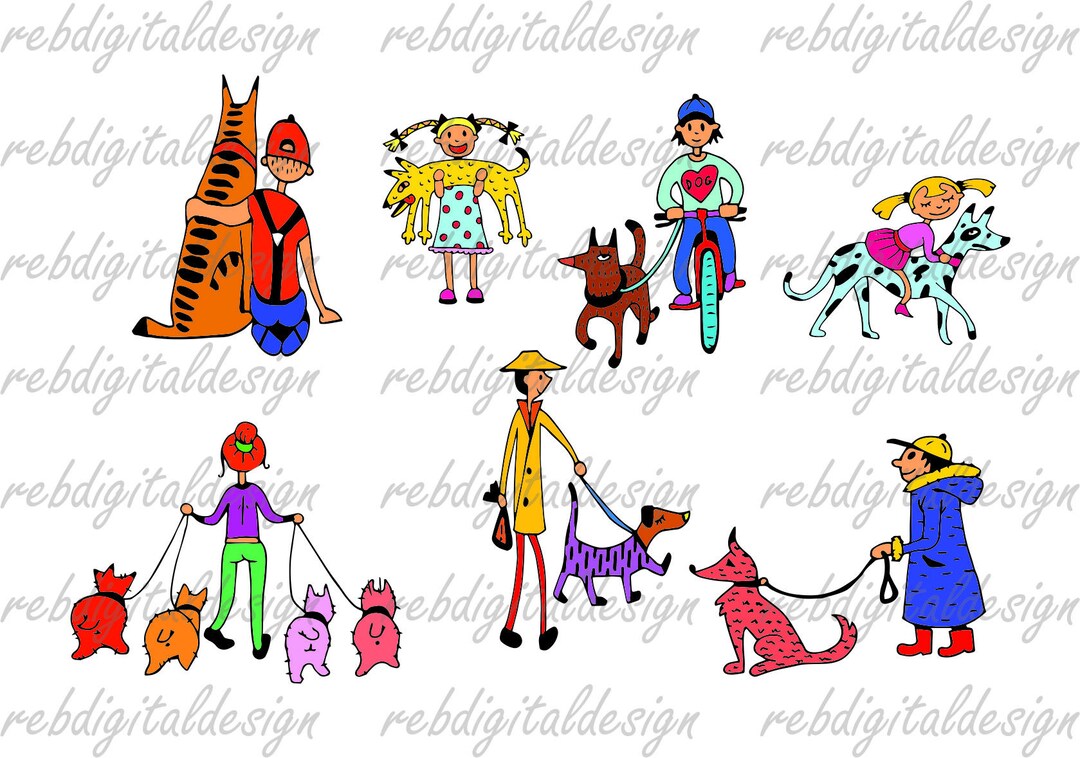 Dogs and People Characters Line Art Drawings Clipart, Vector Dogs, Dogs ...