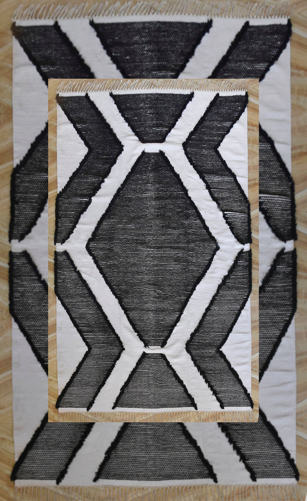 Black White Boho Scandinavia Shag Vintage Rug , Area Custom Bohemian ...