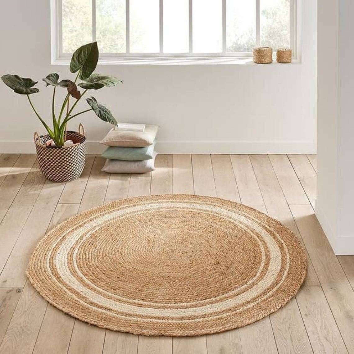White Natural Round Jute Rug Double Border Jute Living for - Etsy