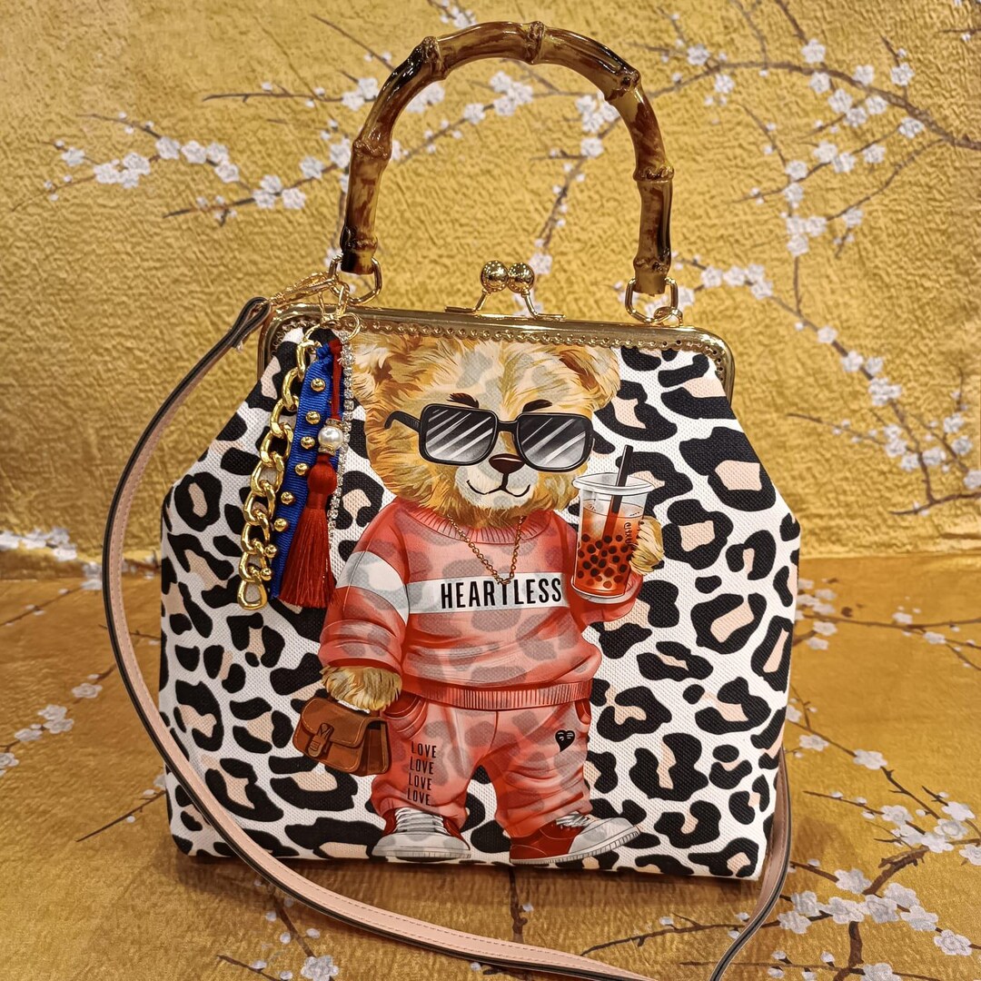 Leopard Print Handbag: Teddy Bear Design, Bamboo Handle, Bag Charm ...