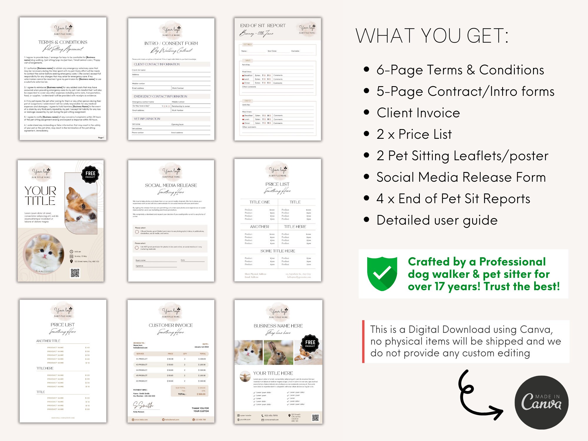 Pet Sitting Business Forms, Pet Sitting Contract Template, Printable ...