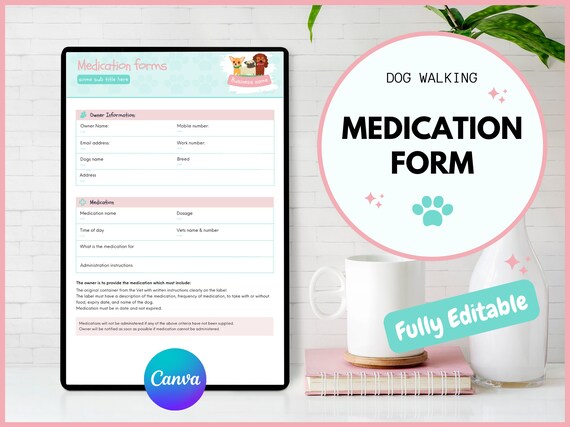 Dog Walking Medication Form Dog Walking Vet Form Dog | Etsy