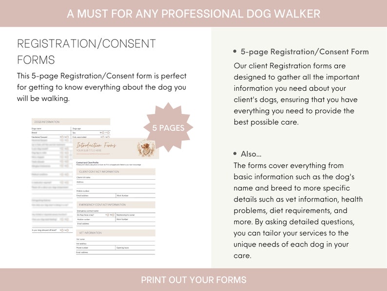 5 Page Dog Walking Registration Forms, Dog Walking Forms, Dog Walker ...