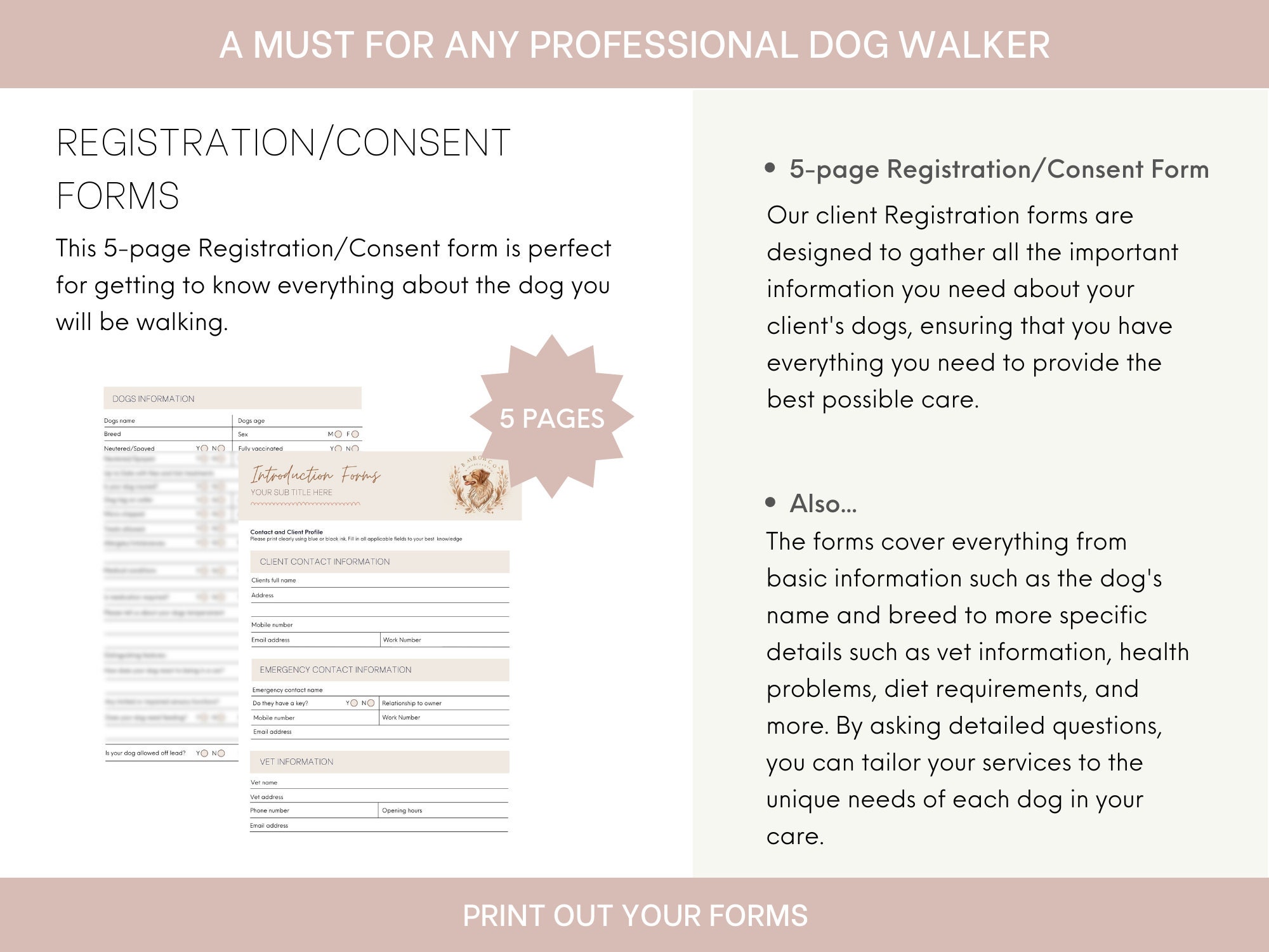 5 Page Dog Walking Registration Forms, Dog Walking Forms, Dog Walker ...