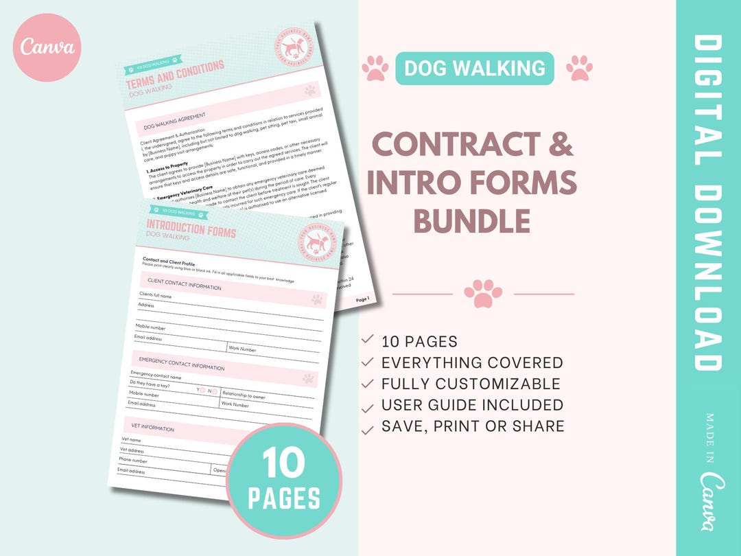 10-page Dog Walking Service Contract/agreement, Editable Waiver Forms ...