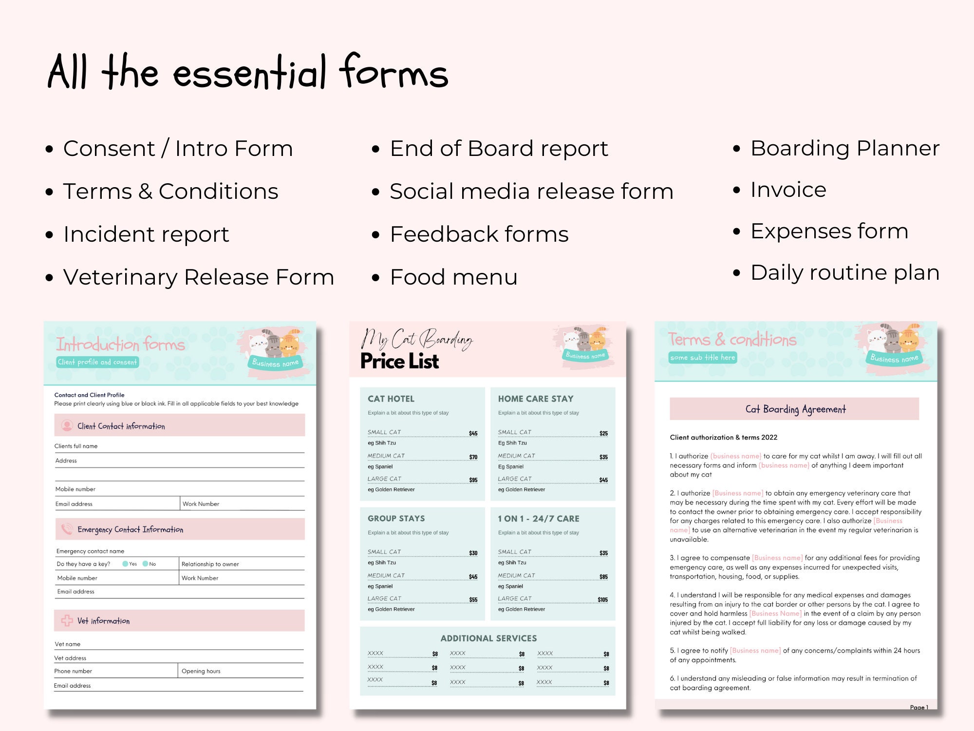 Cat Boarding Business Forms Bundle | Cat Boarding Forms | Cat Boarding ...
