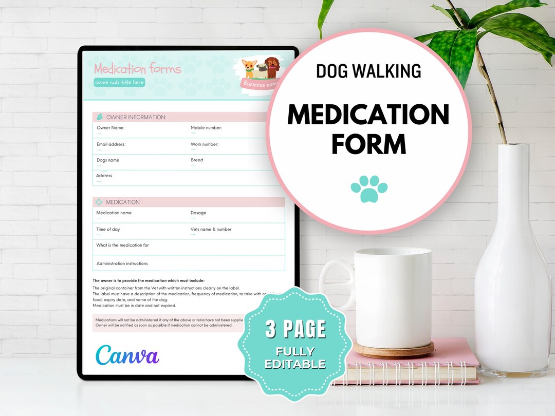 Dog Walking Medication Form | Dog Walking Vet Form | Dog Health Form ...
