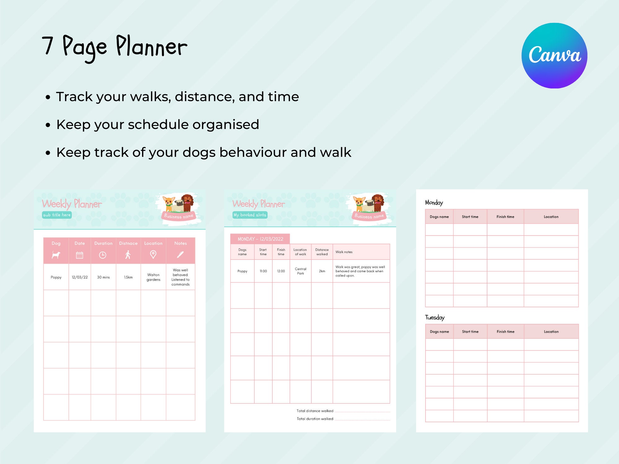 7 Page Dog Walking Planner Form | Dog Walking Forms | Dog Walker Forms ...