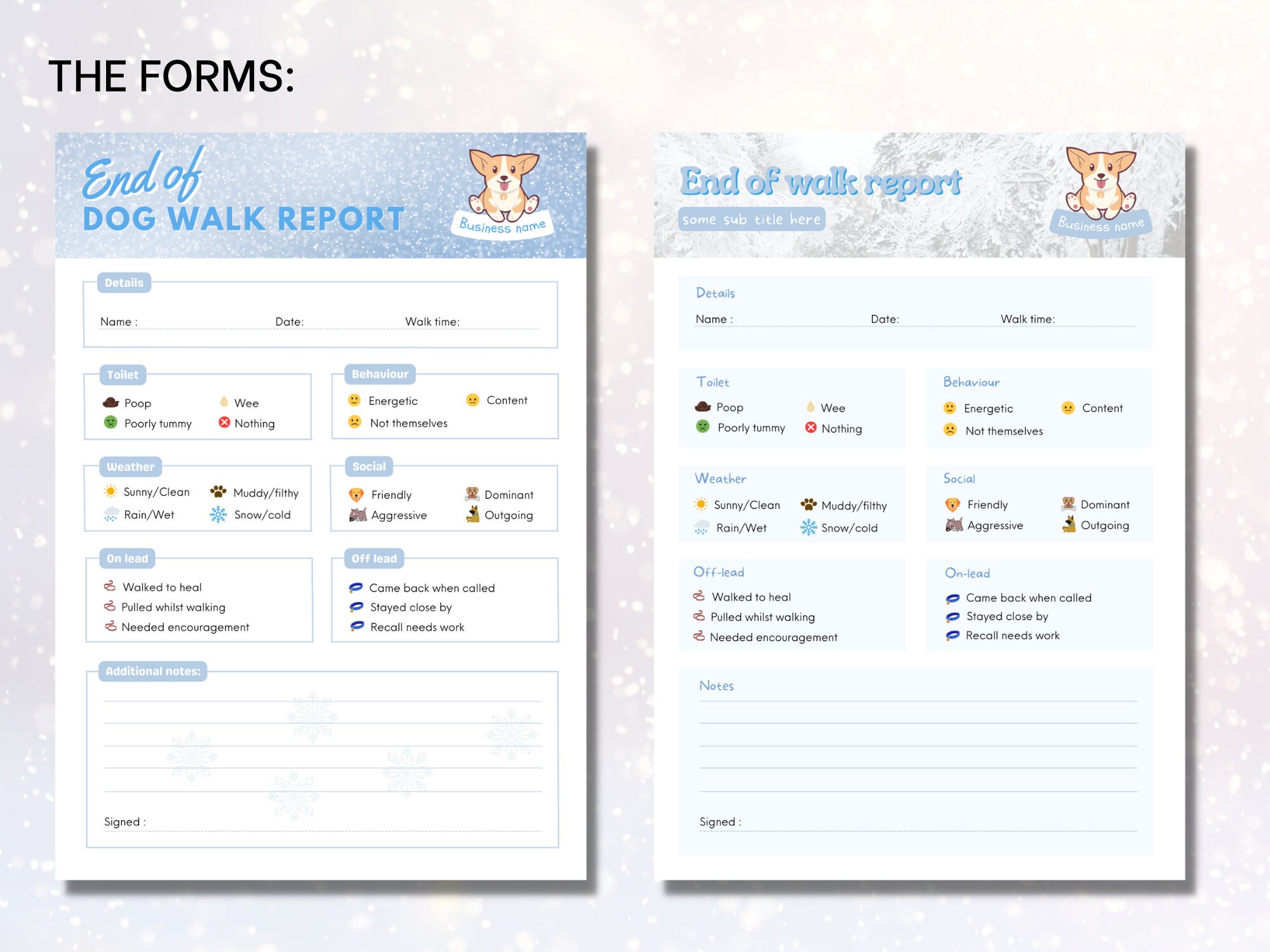 Winter Theme Dog Walking Report Card | Electronic Dog Walking Report ...