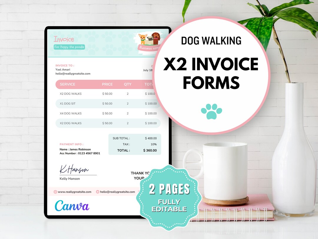 Dog Walking Invoice Form | Dog Walking Receipt | Dog Walking Bill | Dog ...