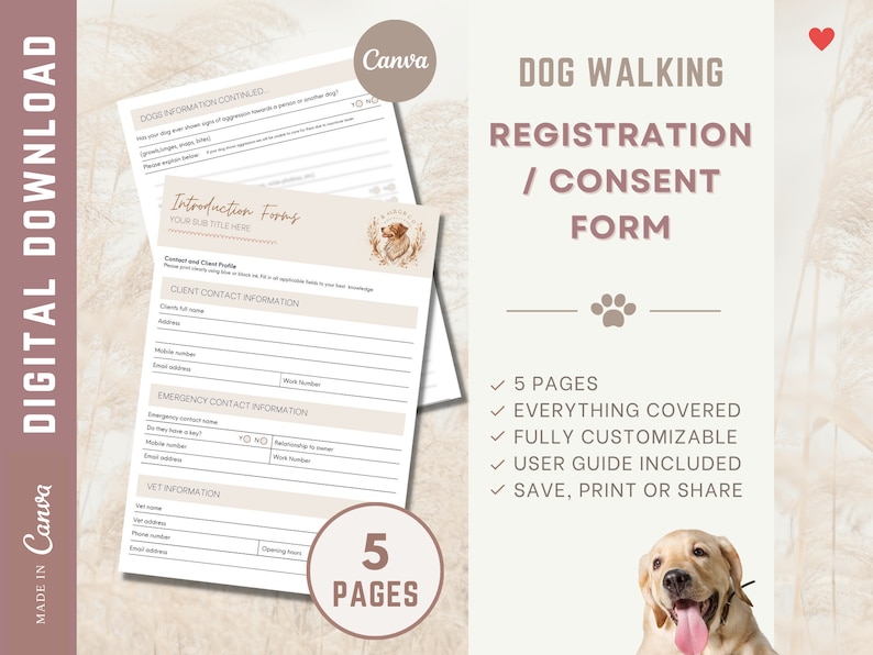 5 Page Dog Walking Registration Forms, Dog Walking Forms, Dog Walker ...