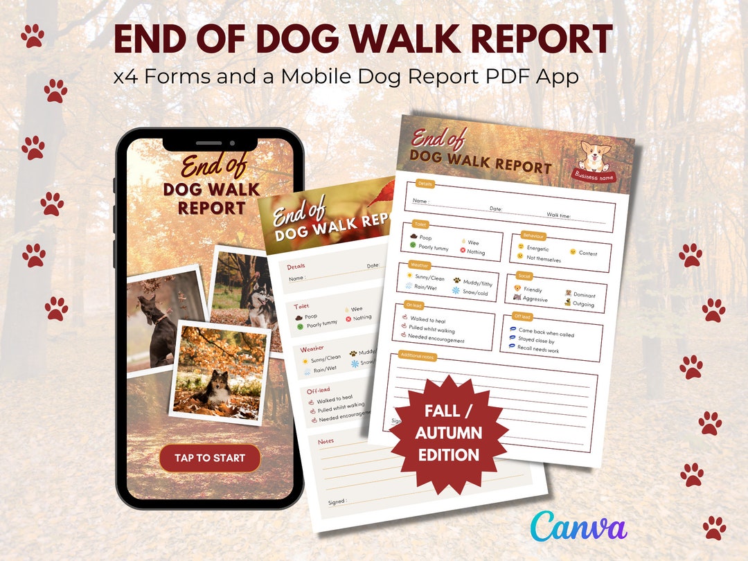 Fall Theme Dog Walking Report Card, Textable Report Card, Dog Walker ...
