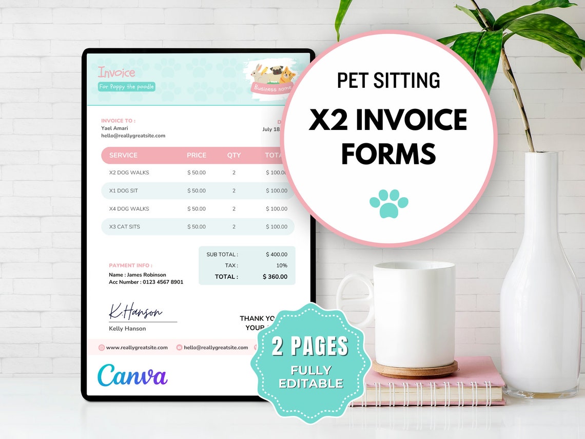Pet Sitting Invoice Form | Pet Sitting Receipt | Pet Sitting Bill | Pet ...