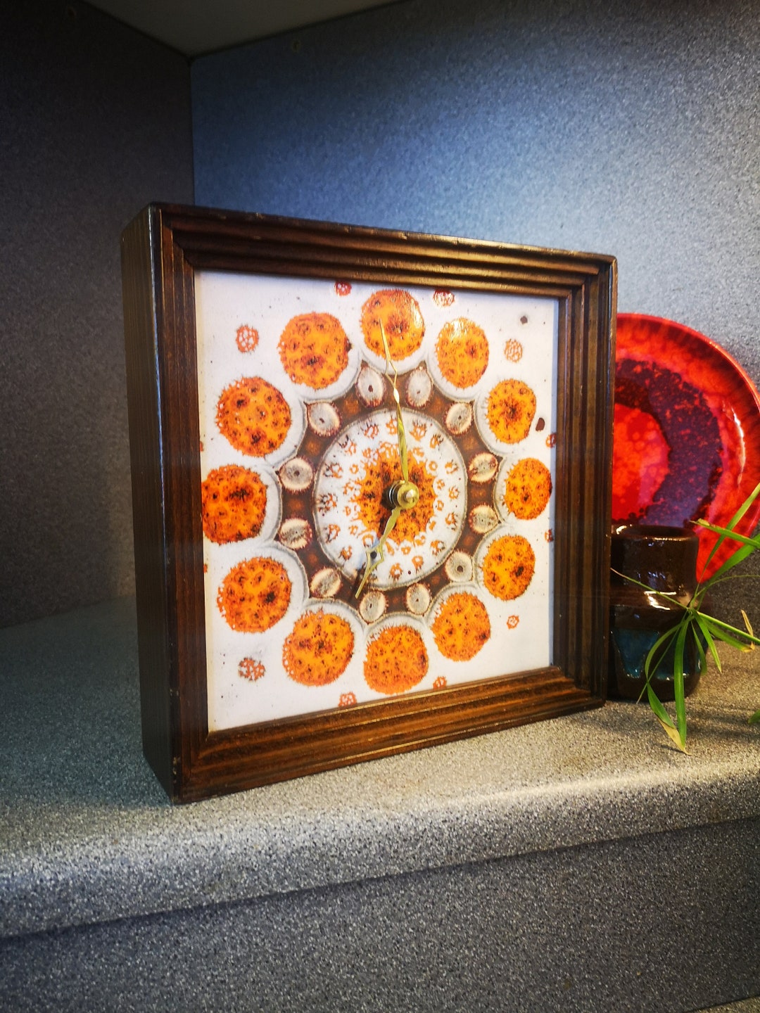 Vintage Ceramic Wall Clock in Wooden Frame - Etsy