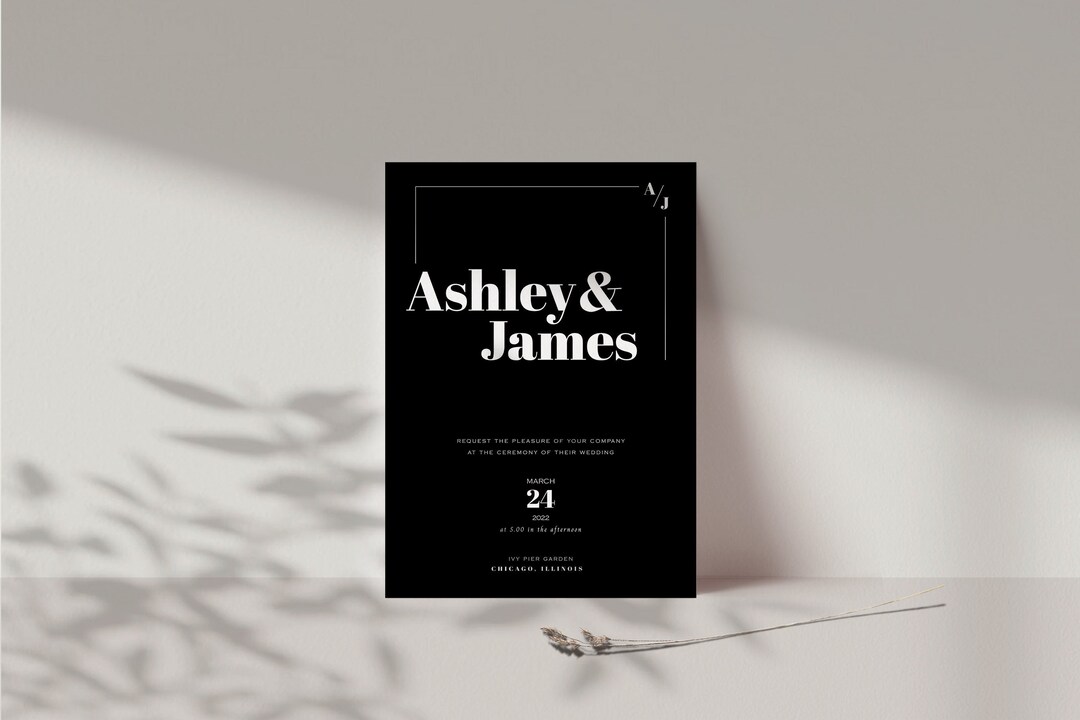 Modern Black Wedding Invitation Template: Retro Photo Design ...
